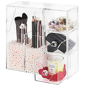 weddingwish Makeup Brush Holder with 3 drawers, Acrylic Makeup Organizer, Covered Costmetic Storage Box with Pink Beads,Heavy-Duty Acrylic, Bathroom Cosmetics Storage System…