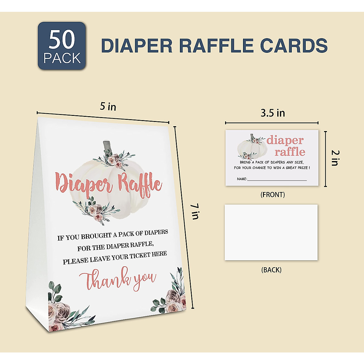 Yuansail Diaper Raffle Tickets For Baby Shower, Floral Pumpkin Themed Cards, Party Favors For Baby Showers Game Cards, 1 Sign & 50 Cards Per Pack – (bb004-niaobu)