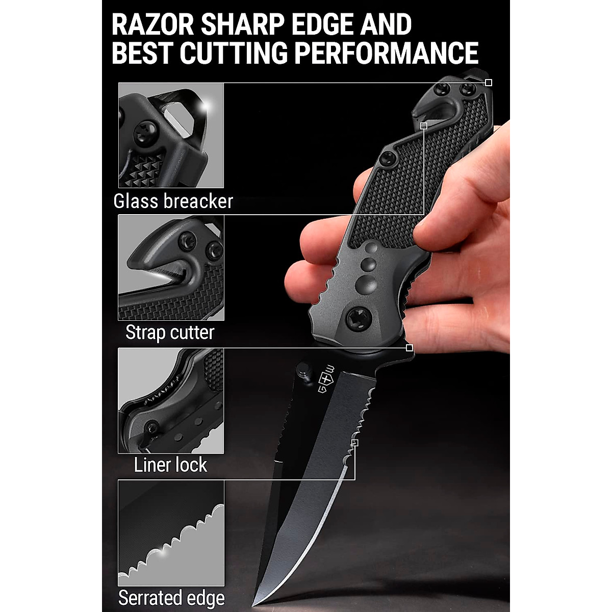 Bundle of 2 Items - 2,95” Serrated Blade Pocket Knife - Black Folding Knife with Glass Breaker and Seatbelt Cutter - Small EDC Knife - Dull Not-Sharp Blade - Skeleton Dull Trick Butterfly Knifes