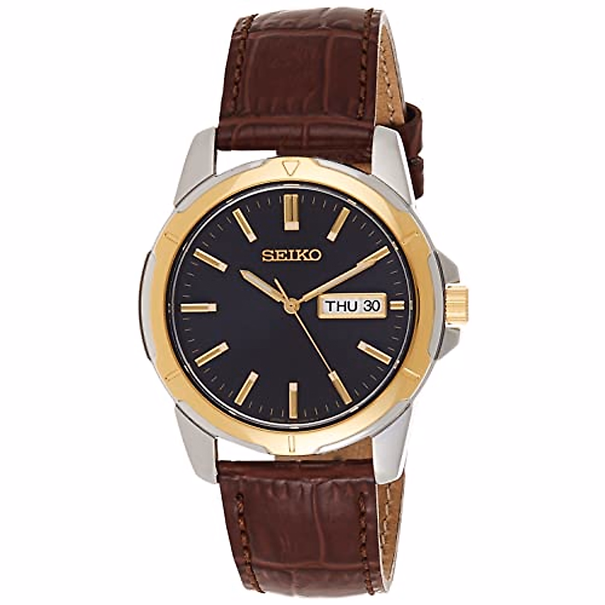 SEIKO Men's SNE102 Stainless Steel Solar Watch with Brown Leather Strap, Black
