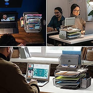 DESIGNA Stackable Mesh Desk Organizer with 3 Sliding Letter Trays 4 File Holders 2 Side Compartments & Pencil Holder Non-slip All In One Desktop Accessories Organizers Office Storage, Champagne