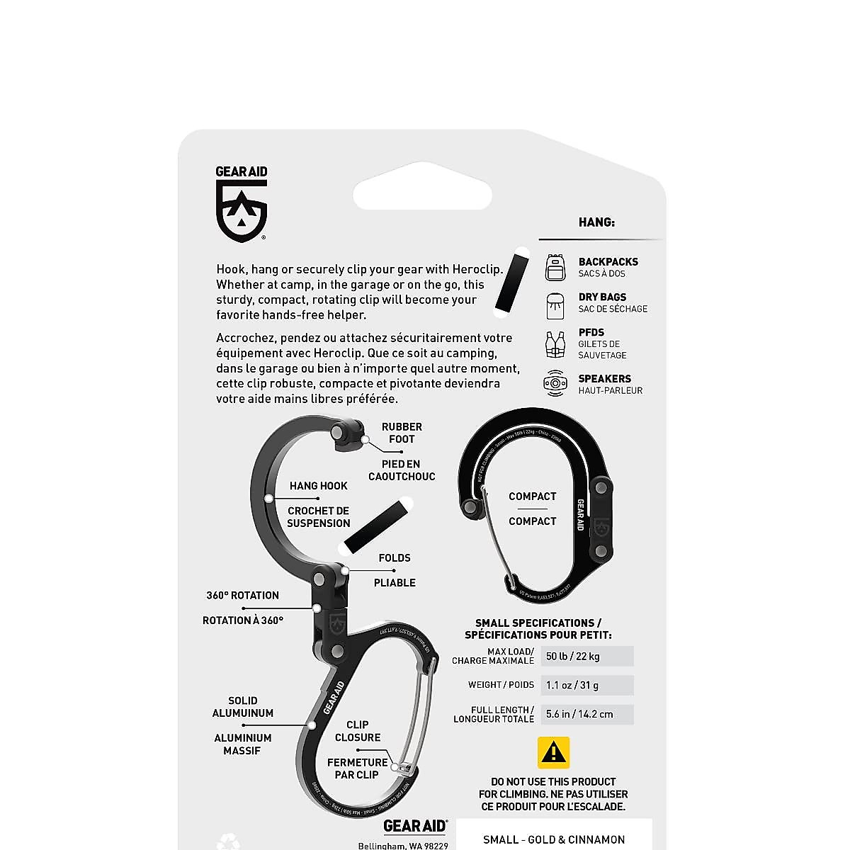 GEAR AID HEROCLIP Carabiner Clip and Hook (Small) for Purse, Stroller, and Backpack, Gold & Cinnamon