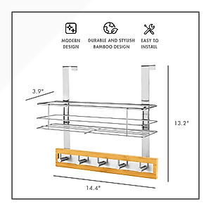 ToiletTree Products Bamboo Wood & Stainless Steel Over The Door Towel Rack with Basket