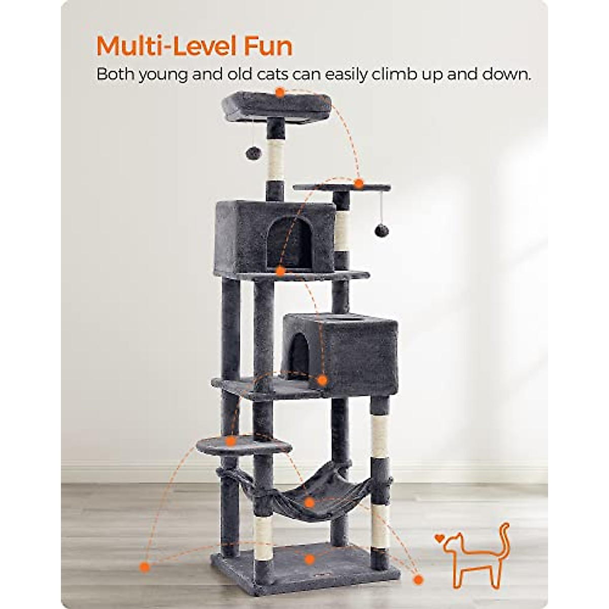 Feandrea Cat Tree, 75.2-Inch Cat Tower for Indoor Cats, Plush Multi-Level Cat Condo with 5 Scratching Posts, 2 Perches, 2 Caves, Hammock, 2 Pompoms, Smoky Gray UPCT191G01