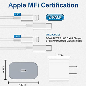 iPhone Charger fast charging [APPLE MFi Certified] 2 pack Apple Type C Wall Charger Block with 2 pack [6FT&10FT] Long USB C to lightning cable for iPhone 14/13/12/12 Pro Max/11/Xs Max/XR/X,AirPods Pro