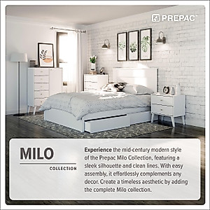 Prepac Milo Mid-Century Modern 2 Drawer Nightstand With Angled Top, Bedside Table, Contemporary Bedroom Furniture, 16"D x 22.5"W x 29.5"H, White, WDNR-1403-1