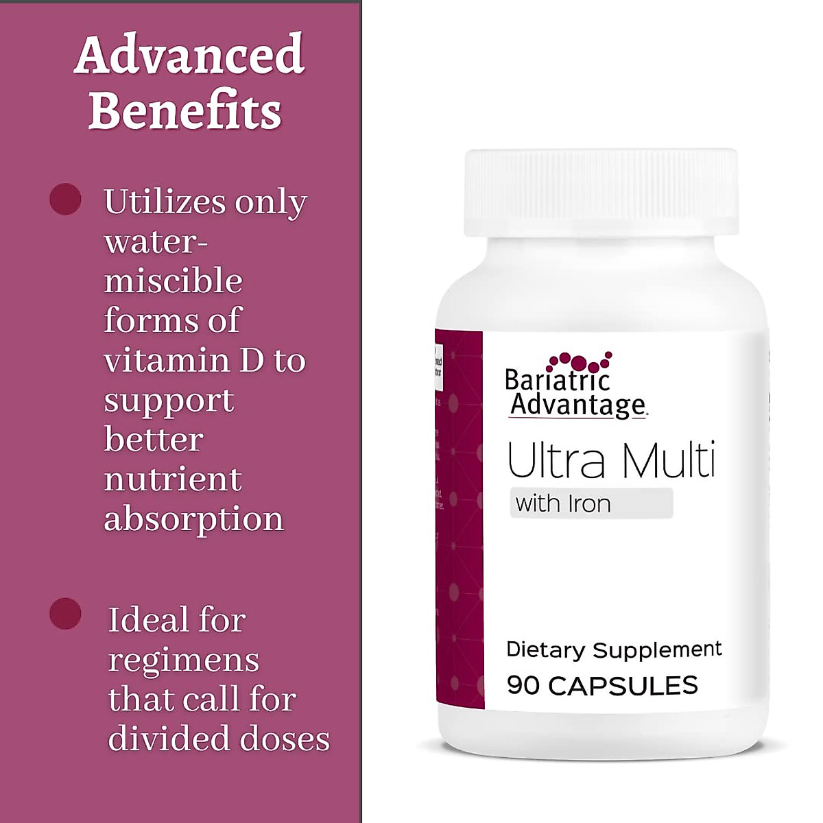 Bariatric Advantage Ultra Multivitamin with Iron - Ultra Multi with Iron - Capsule Format Multivitamin - Provides Full Complex of B Vitamins - with Vitamin C, Chromium & More - 90 Capsules