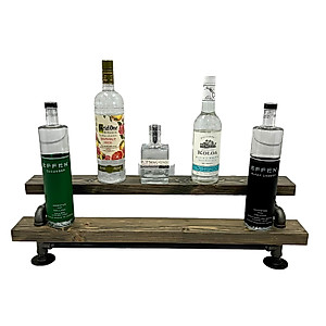 Freestanding Liquor Shelf | 2 Tier Industrial Bar Display | Liquor Bottle Display | Wood Wine Shelf | Bar Organization | Tiered Bottle Shelf (24", Aged Barrel)