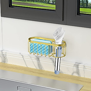Yazoni 2-in-1 Sponge Holder for Kitchen Sink, Suction Cup Sponge Rack Kitchen Sink Caddy, No Drill Rustproof Kitchen Sink Organizer for Place Dishwashing Brush Soap and Sponge (Gold)