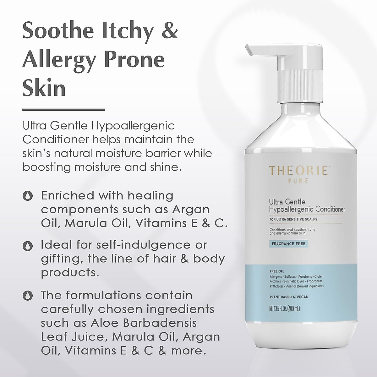 Theorie Pure Collection Hypoallergenic Conditioner-Plant & Vegan - Conditions, Soothe Itchy & Allergy Prone Skin - Fragrance-Free - Ultra Sensitive Scalp, Pump Bottle - 400mL - Pack of 1