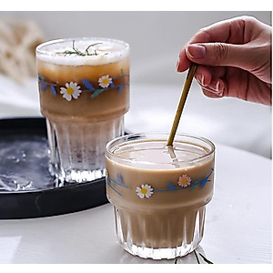 yaocoral Set of 2 Daisy Glass Coffee Cup Cute Drinking Glasses Stackable Daisy Glass Cups for Juice,Iced Coffee,Milk,Tea,Dessert,Flower Glassware Drinkware Set(blue)