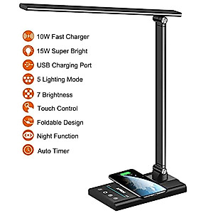 AFROG 5th Gen Multifunctional LED Desk Lamp with 10W Fast Wireless Charger, USB Charging Port,1800Lux Super Bright,5 Lighting Mode,7 Brightness, Touch Control, Auto Timer, 15W Office Table Lamp
