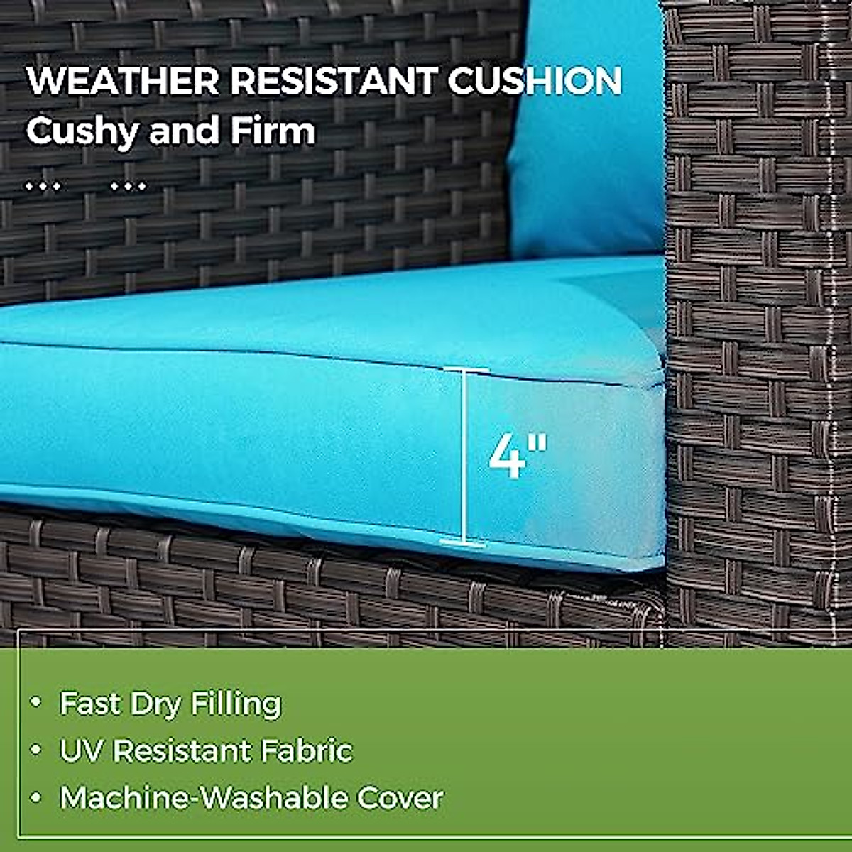 Kiss the Water Outdoor Patio Furniture Sets, 7 Pieces Outdoor Sectional Rattan Sofa Set, Brown PE Wicker Patio Conversation Sets with 10 PCS Lake Blue Washable Cushion and Tempered Glass Table