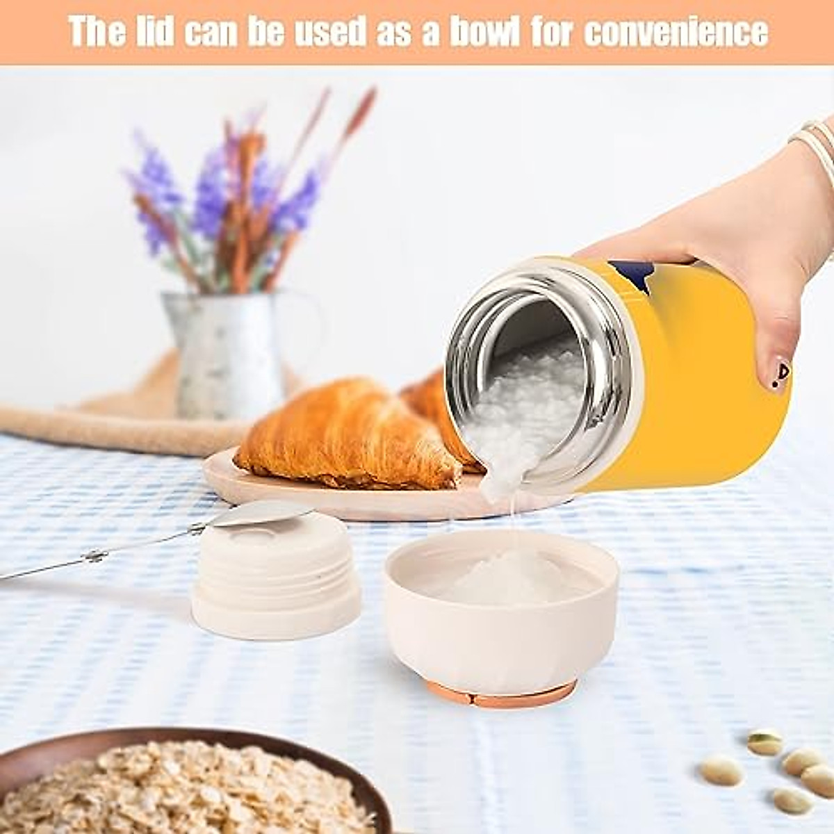 CUPADA Cute Black Cat Food Jar, Scratch Yellow Insulated Hot Food Jars Vacuum 17OZ with Folding Spoon for Work Trip Picnic Camping