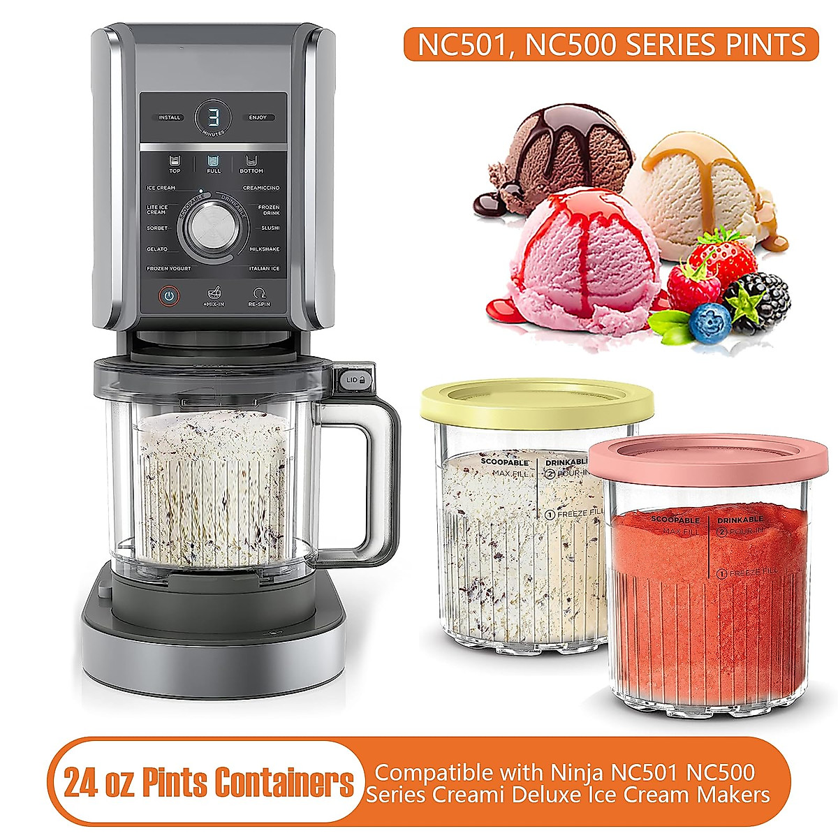 AULKZIOV Creami Pint Containers Replacement for Ninja Creami Deluxe Pints 24oz NC501, Compatible with Ninja NC501 NC500 Series Creami Deluxe Ice Cream Makers (NC500 Series - 6 Pack)