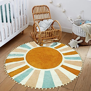 LIVEBOX Retro Sun Round Rug 4ft Boho Rug for Nursery Room,Non-Slip Circle Ultra Soft Cute Colorful Kids Rug for Bedroom,Washable Throw Area Rug Carpet for Living Room Indoor Office