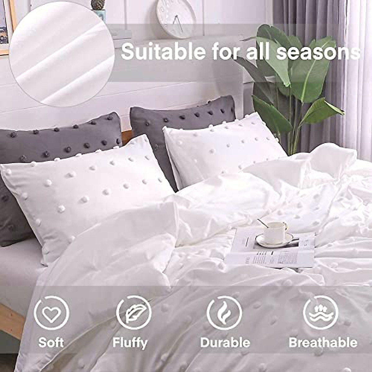 Paxrac Tuffed White Comforter Set King Size(104x90 inches), 3 Pieces- Soft Cotton Lightweight Comforter with 2 Pillowcases, Chenille Dots All Season Down Alternative Comforter Set for Bedding