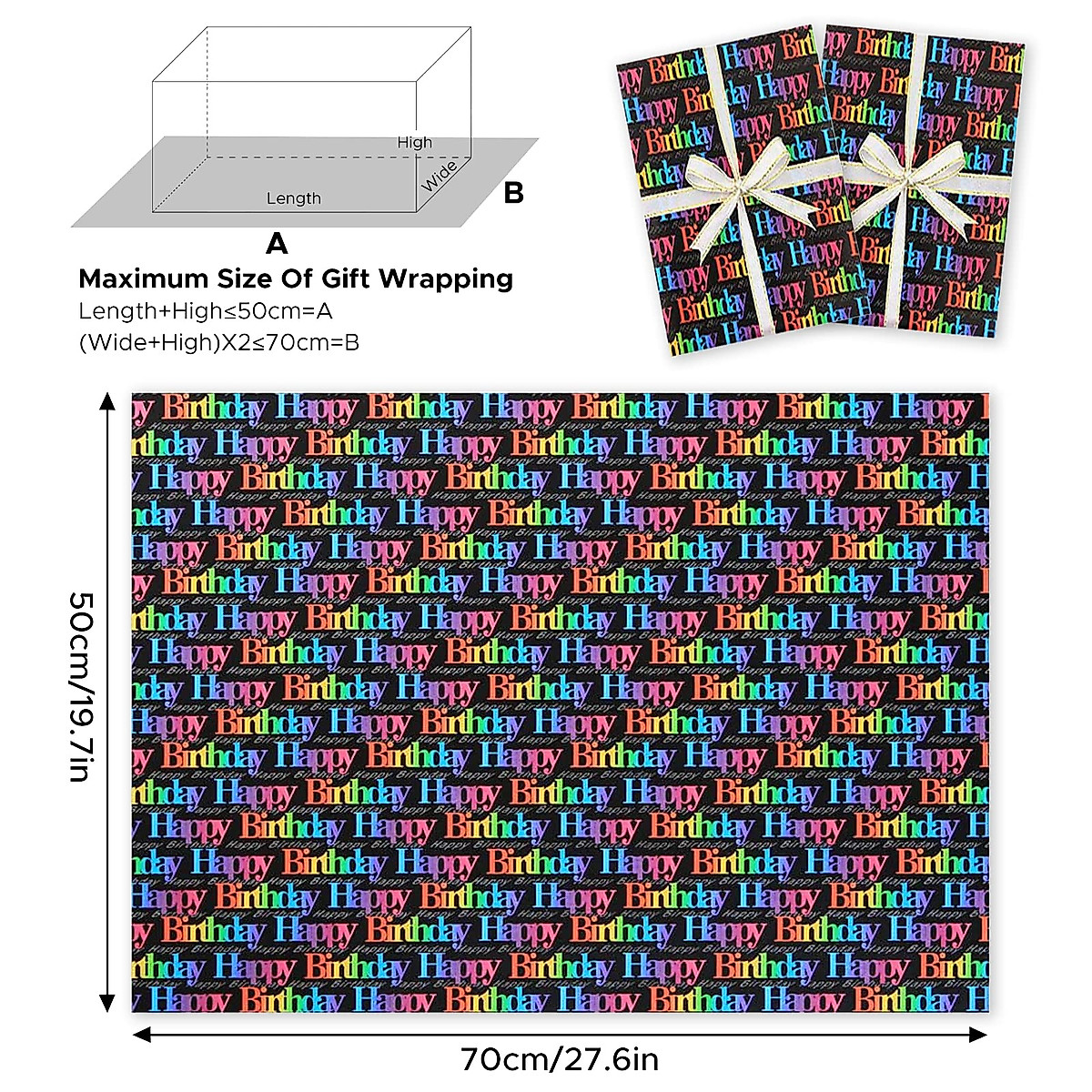 NEPOG Birthday Wrapping Paper for Girls Boys Kids Women Men, Gradient Color Happy Birthday Wrapping Paper with Cut Lines on Reverse, 6 Sheets Folded Flat 20x28 inches for Birthday Occasion