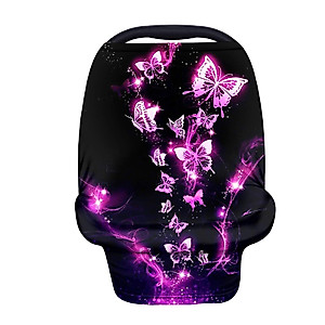 JOAIFO Pink Neon Butterfly Print Carseat Cover Girls Stretchy Baby Carseat Canopy Soft Breathable Nursing Covers for Breastfeeding Protector