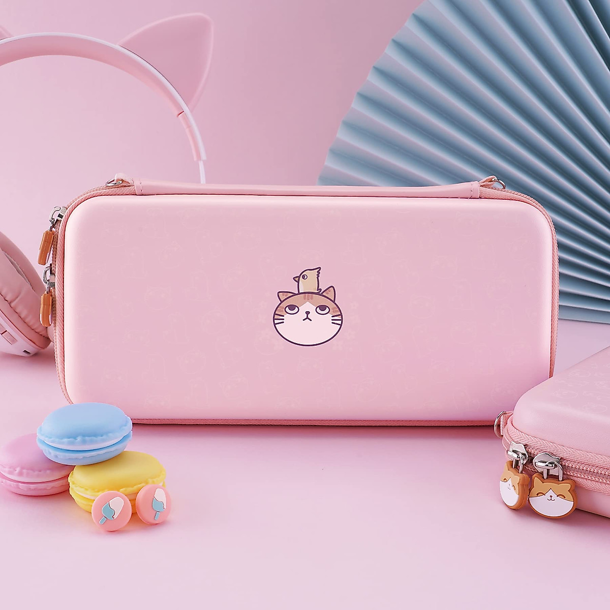 PlayVital Pink Cute Carrying Case for Nintendo Switch & OLED, Thumb Grip Caps & Kitten & Chicken Slim Travel Case for Switch Portable Hardshell Girl Storage Game Accessories