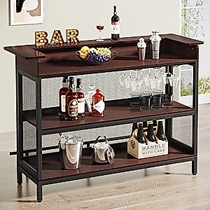 Tribesigns Industrial Home Bar Unit, 3 Tier Liquor Bar Table with Stemware Rack and Wine Storage Display Shelf, Mini Bar Cabinet with Glass Holder Footrest and Mesh Front