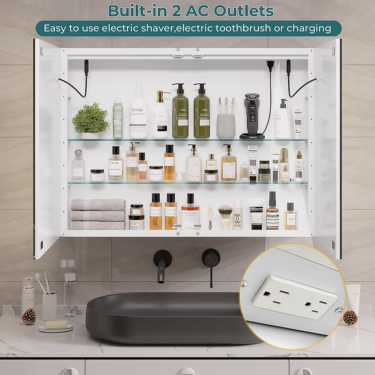 DICTAC Lighted Medicine Cabinet with Mirror and Storage Bathroom Wall Cabinet with Mirror and Outlets 31.5''x23.6'' Wall Mounted Mirror Medicine Cabinets with Led Lights and Adjustable Shelves,White