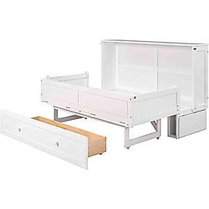 DNYN Queen Size Mobile Murphy Bed with Storage Drawer, Wood Bedframe w/Little Shelves on Each Side, Can Convert to Cabinet for Guest Room Home Office, White