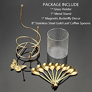 ELLDOO Coffee Spoon Set, Clear Glass Holder with 8 Stainless Steel Gold Leaf Coffee Spoons, Creative Flatware Set for Stirring, Mixing, Sugar, Ice Cream, Cake (8 x Spoons)