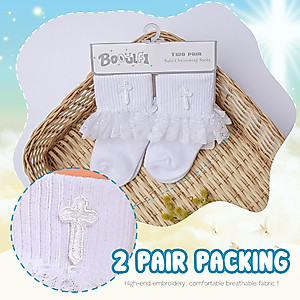 Booulfi Baby Girls Socks, 2 Pairs Cotton White Newborn Baptism Christening Socks with Lace Dedication First Communion Gifts for Toddler Infant
