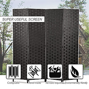 Room Divider, 6FT Wall Divider Wood Screen 4 Panels Wood Mesh Hand-Woven Design Room Screen Divider Indoor Folding Portable Partition Screen,Black