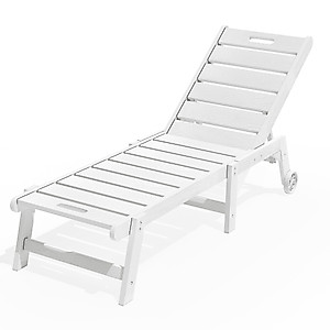 DWVO Patio Chaise Lounge Chair, HIPS Material Outdoor Lounger Recliner with Wheel, Beach Pool Sunbathing Lawn Lounger Recliner Chair with 5 Positions for All Weather, White
