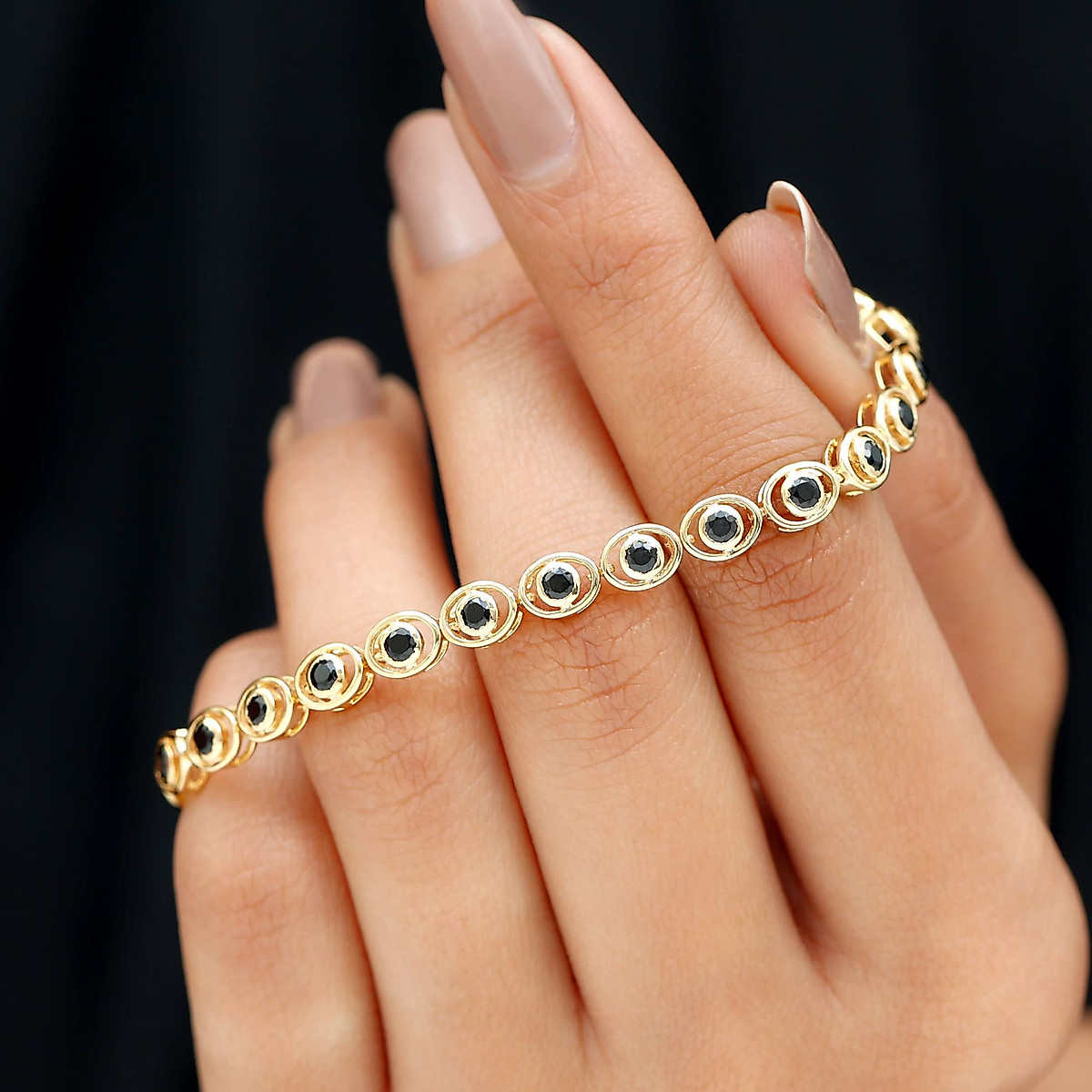 2 CT Bezel Set Black Onyx Unisex Round Shape Tennis Chain Bracelet (AAA Quality), 14K Yellow Gold, 6.5 inches