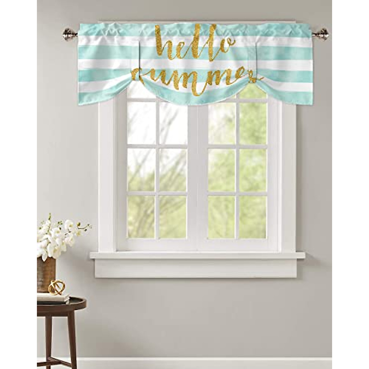 Tie-up Valances for Windows HELLO SUMMER Gold Round Spots on Blue and White Stripes Kitchen Window Curtains Adjustable Farmhouse Valance Curtains for Bedroom Living Room Bathroom 42x12in, 1 Panel