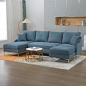 110" Modular Sectional Sofa with Ottoman, Modern U Shaped Convertible Upholstered Sofa Couch with 2 Pillows, 4-Seat Oversized Comfy Couch Set for Living Room, Bedroom, Office, Blue Couch