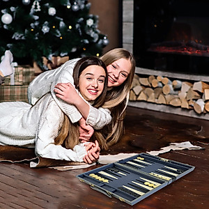 Sun Flair Backgammon Sets for Adults Kids 15 Inch, Folding Classic Board Game with Premium Leatherette Case, Smart Tactics, Best Strategy, Tip Guide Enclosed, Gray and Black 136M-5