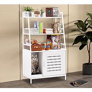 Sokiche Cat Litter Box Enclosure Furniture with Shelf Storage - Hidden Litter Box Enclosure Furniture Large Wooden with Cat Litter Trapping Mat Pad -Cat Washroom-Cat Cabinet-White