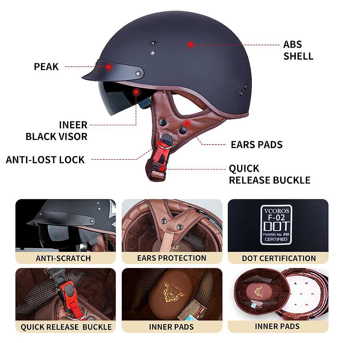 Motorcycle Half Face Helmet Sun Visor Quick Release Buckle DOT Approved Men Women Helmets for Cruiser Chopper Moped Scooter ATV (Matte Black, L)