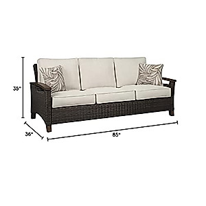 Signature Design by Ashley Paradise Trail Outdoor Patio Sofa with Cushion and 2 Pillows, Brown & Beige