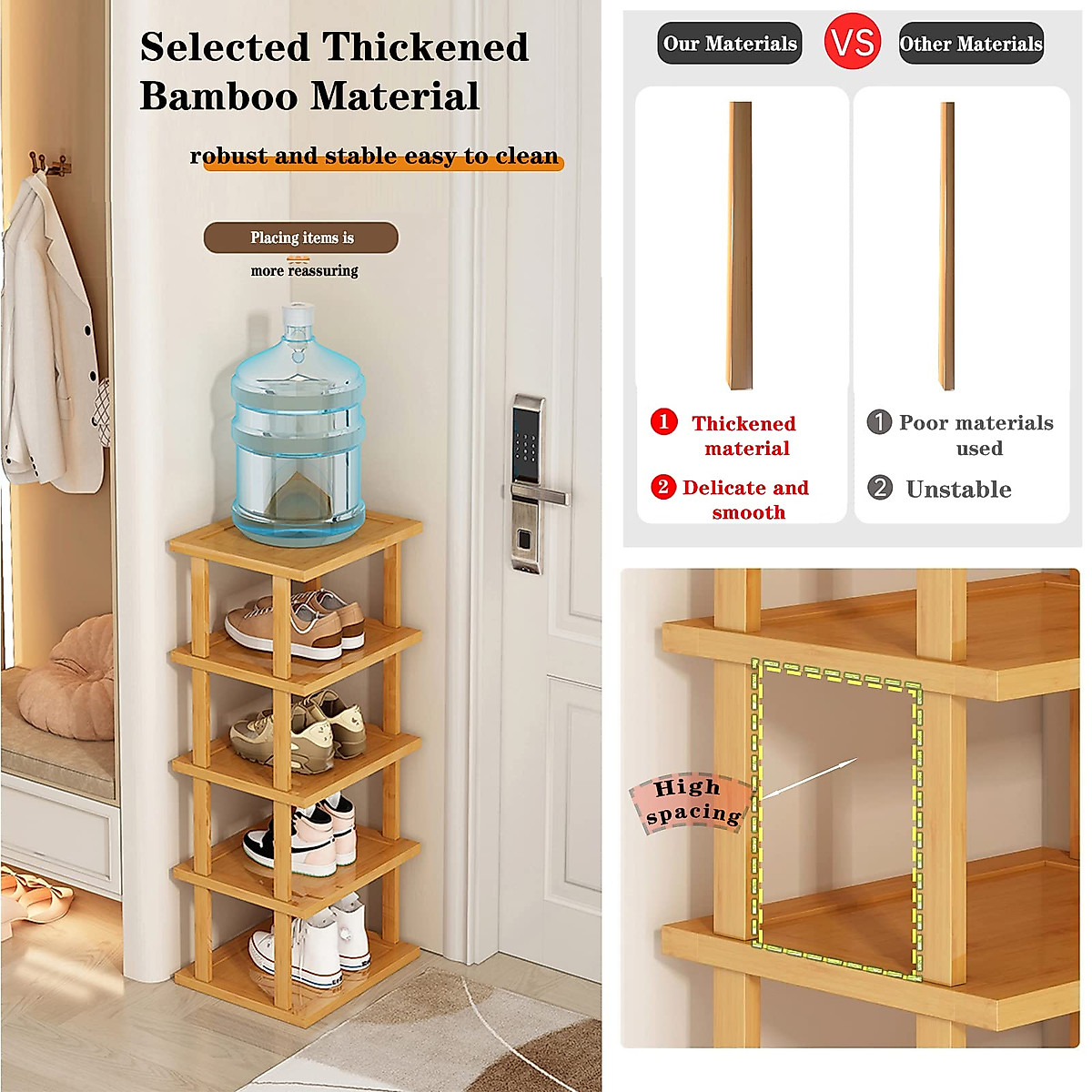 Bamboo Shoe Rack - Vertical Shoe Rack for Small Spaces, Tall Narrow Shoe Rack Organizer for Closet Entryway Corner Garage and Bedroom,Skinny Shoe Shelf Free Stackable DIY - Space Saving Storage