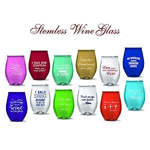 Pen Kit Mall PKM - Stemless Wine Glasses - Set of 12 - NOVELTY FUNNY SAYINGS - CAMPING -CHRISTMAS - NEW YEARS HALLOWEEN (NOVELTY FUNNY SAYINGS)