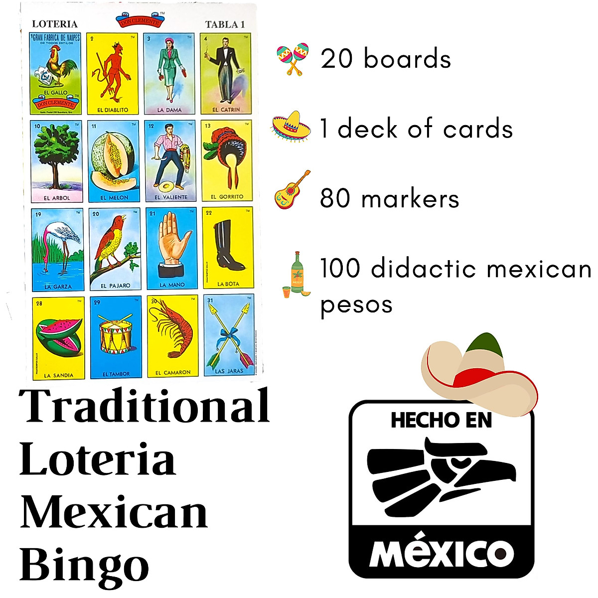 The Original Loteria Mexican Bingo Game with 100 Mexican pesos for 20 Players Game for Adults - loteria de lujo mexicana - loteria mexicana - Juegos de mesa - spanish games Mexican bingo loteria game