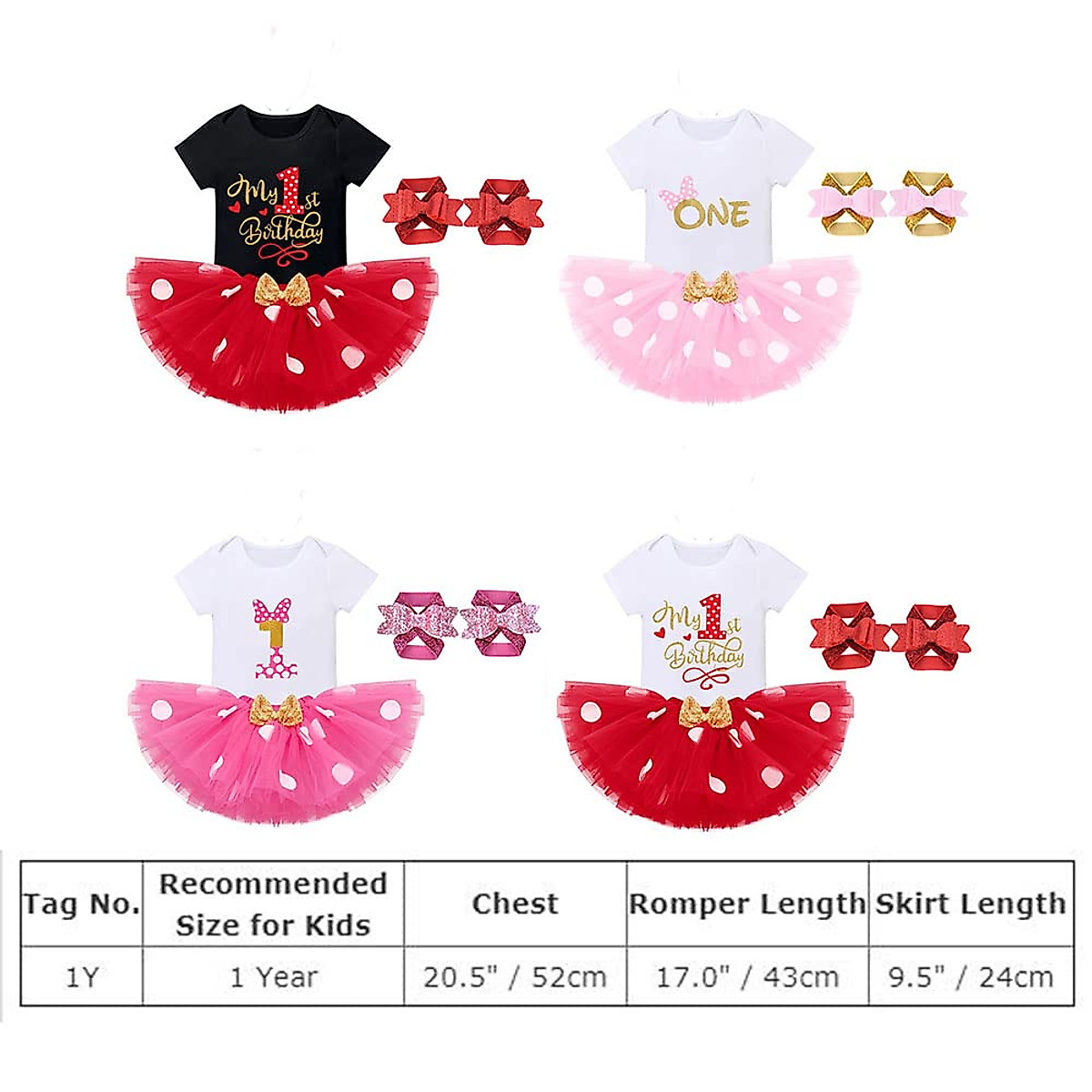 1st Birthday Outfit Baby Girl Romper Polka Dots Mini Tutu Skirt Headband Shiny Barefoot Sandals Shoes One Year Old Cake Smash Photo Shoot First Mouse Party Supply Clothing Set Red + Black Bow 1T