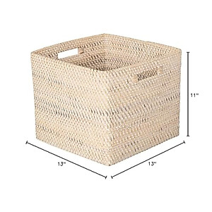 Loma Square Rattan Storage Basket with Cut-Out Handles - White-Wash - Coastal-Inspired Handwoven Rattan Basket for Home Organization & Décor