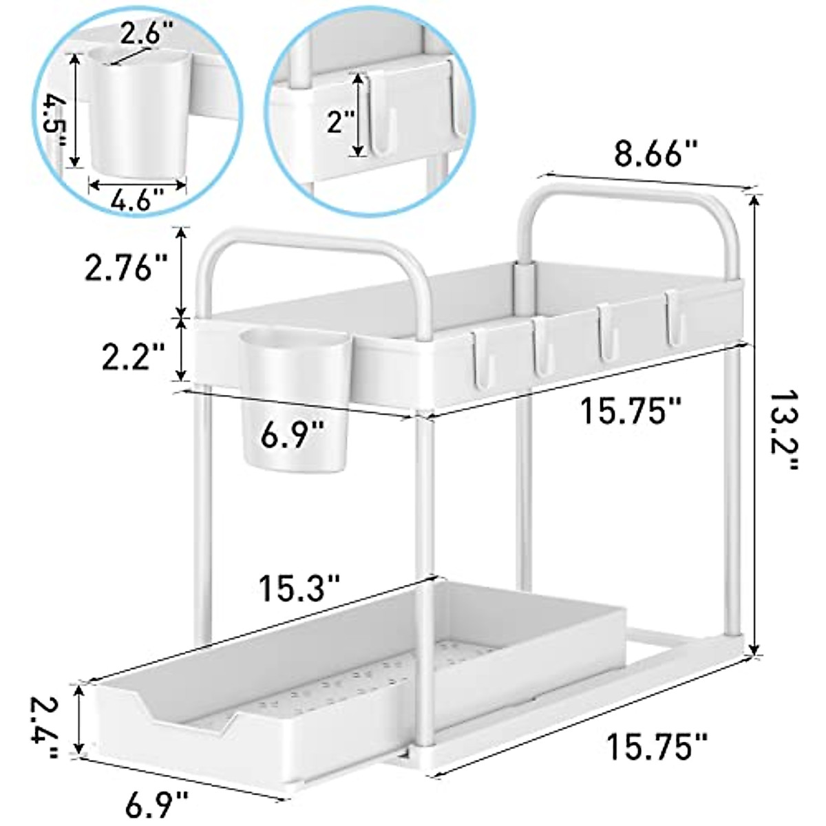 2-Tier Under Sink Organizer, PXRACK Sliding Under Bathroom Cabinet Storage Drawer Basket Organizer Rack with Hooks, Hanging Cup, Handles, Under Sink Shelf Organizer for Bathroom, Kitchen