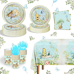 CAILESS Blue Winnie Bear Baby Shower Decorations, 156pcs Classic The Pooh Bear Baby Shower Party Supplies Included Plates Cups Napkins Cutlery Tablecloth Set Serves 25 Guests for Newborn Boy Birthday