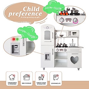 TaoHFE LED Upgrade Kitchen Set for Kids Wooden Play Kitchen LED Gas Tray with Sound Toy Kitchen Sets for Girls Gift Enjoy Cooking with Lights and Sounds White Kitchen for Toddlers Kids Kitchen Playset