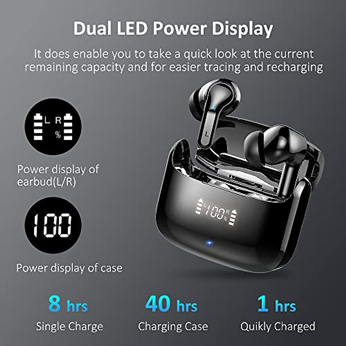 Wireless Earbud, Bluetooth 5.3 Headphones Bluetooth Earbud, Deep Bass Wireless Earphones in Ear Noise Cancelling Ear Buds 40H Dual Mic Call, USB-C LED Display IP7 Waterproof Headset for Sport-2022 New