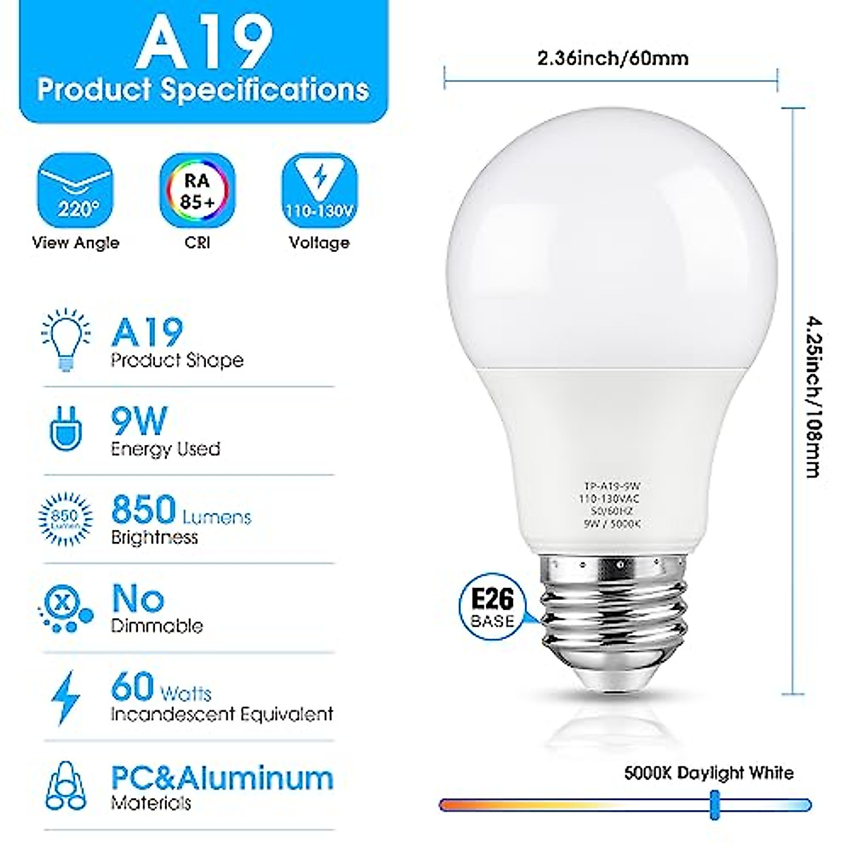 Maylaywood A19 LED Light Bulbs, 60 Watt Equivalent LED Bulb, Daylight White 5000K, 850 Lumens, E26 Standard Base, Non-Dimmable, 9W Bright White LED Bulbs for Living Room Bedroom Home Office, 12-Pack