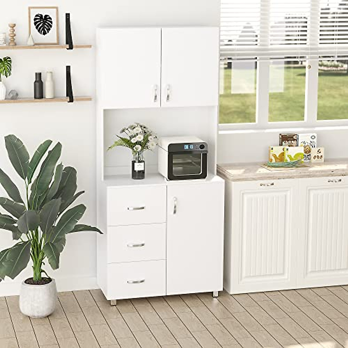 HOMCOM Freestanding Kitchen Pantry, Buffet with Hutch Storage Organizer with 2 Door Cabinets, 3 Drawers and Open Countertop, Adjustable Shelf, White