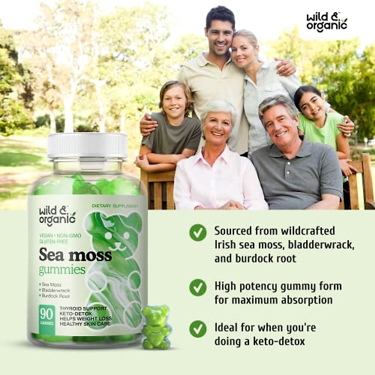 Wild & Organic Sea Moss Gummies Bundle - Superfood Wildcrafted Seamoss Gummy Vitamins for Kids & Adult - Thyroid Health, Digestive & Immune Support Supplements w/ Raw Irish Moss Bladderwrack - 2 Pack